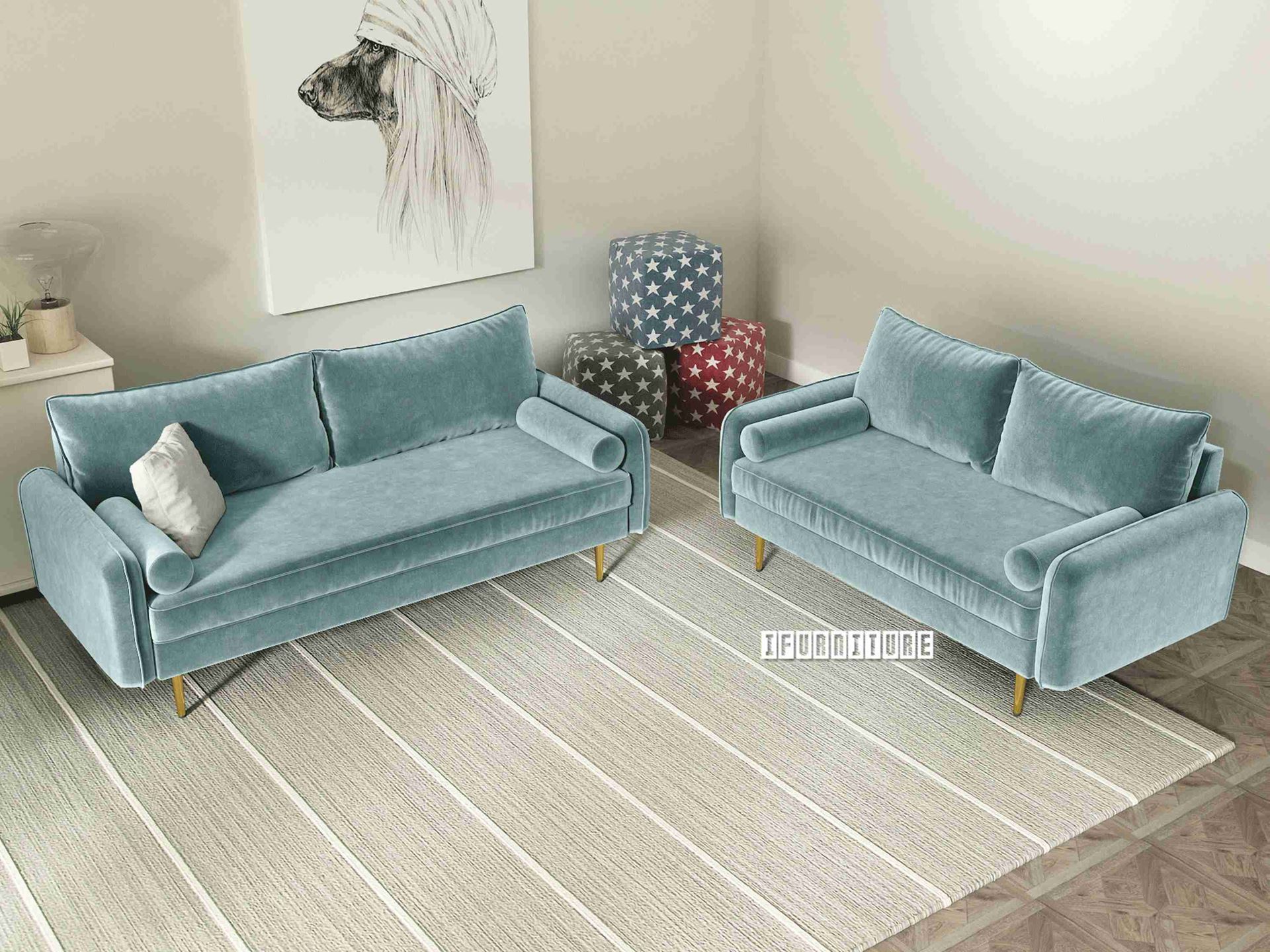 HENRY 3 Seat Sofa *Light Greyish Cyan Velvet