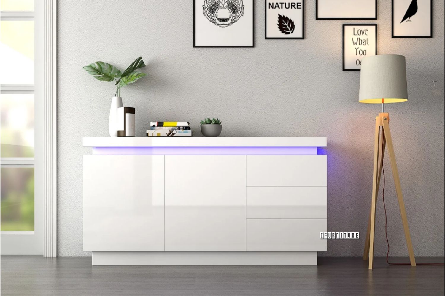 BLANC 150 Buffet with LED Lights (High Gloss White)