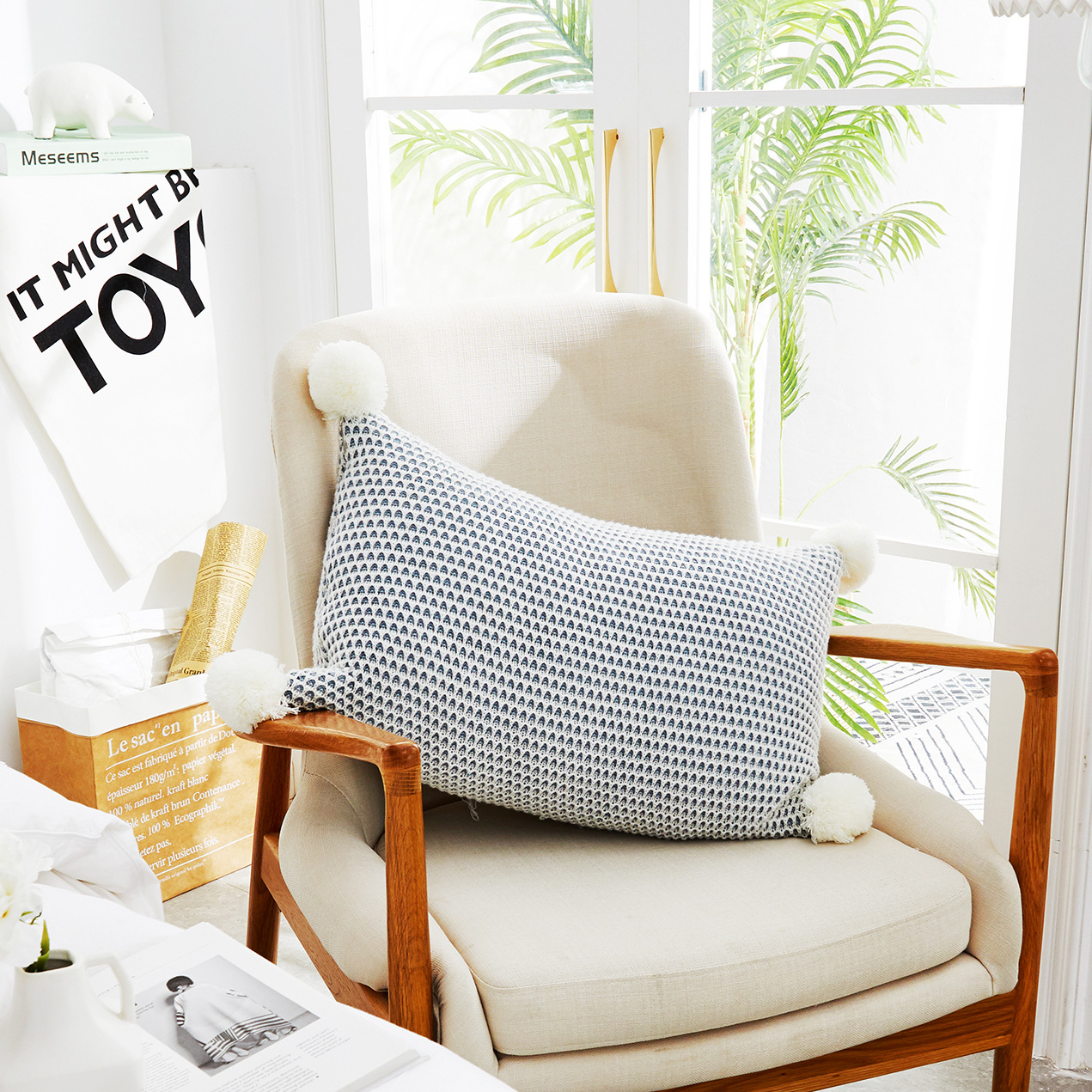 TASSEL Hand-Knitted Rectangular Cushion with Inner (35cmx55cm) (White ...