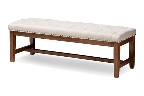 Crestview Bench, Beige seat, Tufted detailing, Brown legs, Rubber wood ...