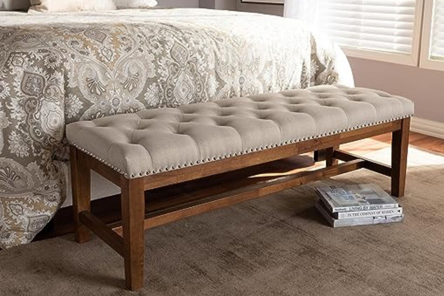 Crestview Bench, Beige seat, Tufted detailing, Brown legs, Rubber wood ...
