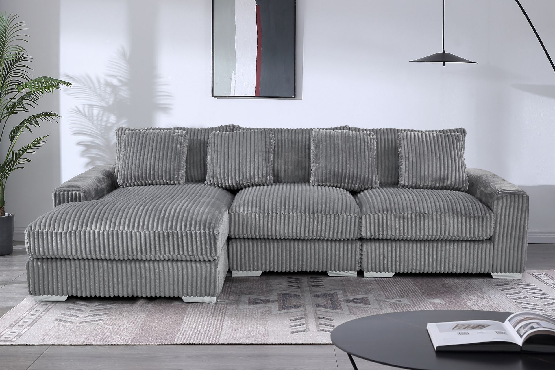 WINSTON Corduroy Modular Sectional Sofa (Grey) - Right Facing Chaise