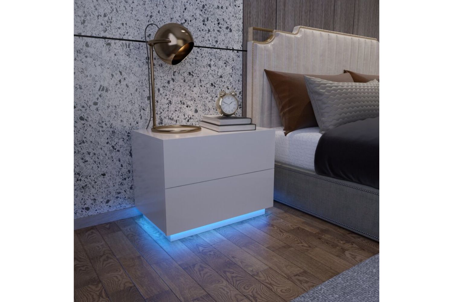 ASPEN LED 2-Drawer Bedside Table (White)